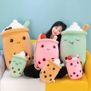 MDXMY Plush Stuffed Bubble Tea Plush Pillow Soft Cute Pearl Milk Tea Hug Pillow (Pink Cream, 9.8 inches)