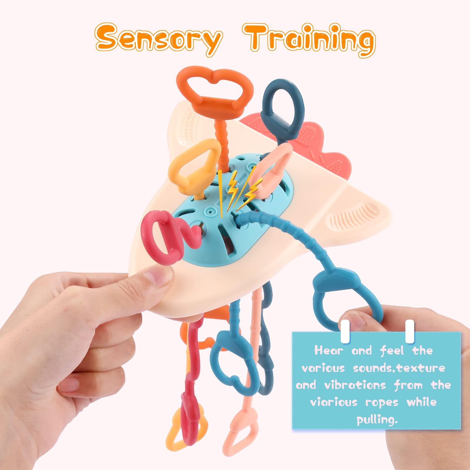 Montessori Toys for Babies 6-12 Months Baby Food Grade Silicone Sensory Travel Pull String Rattle Teething Toys for 3-6 Months 1 Year Old Hang on Stroller Crib Car Seat Fidget Gift for Infant Toddler