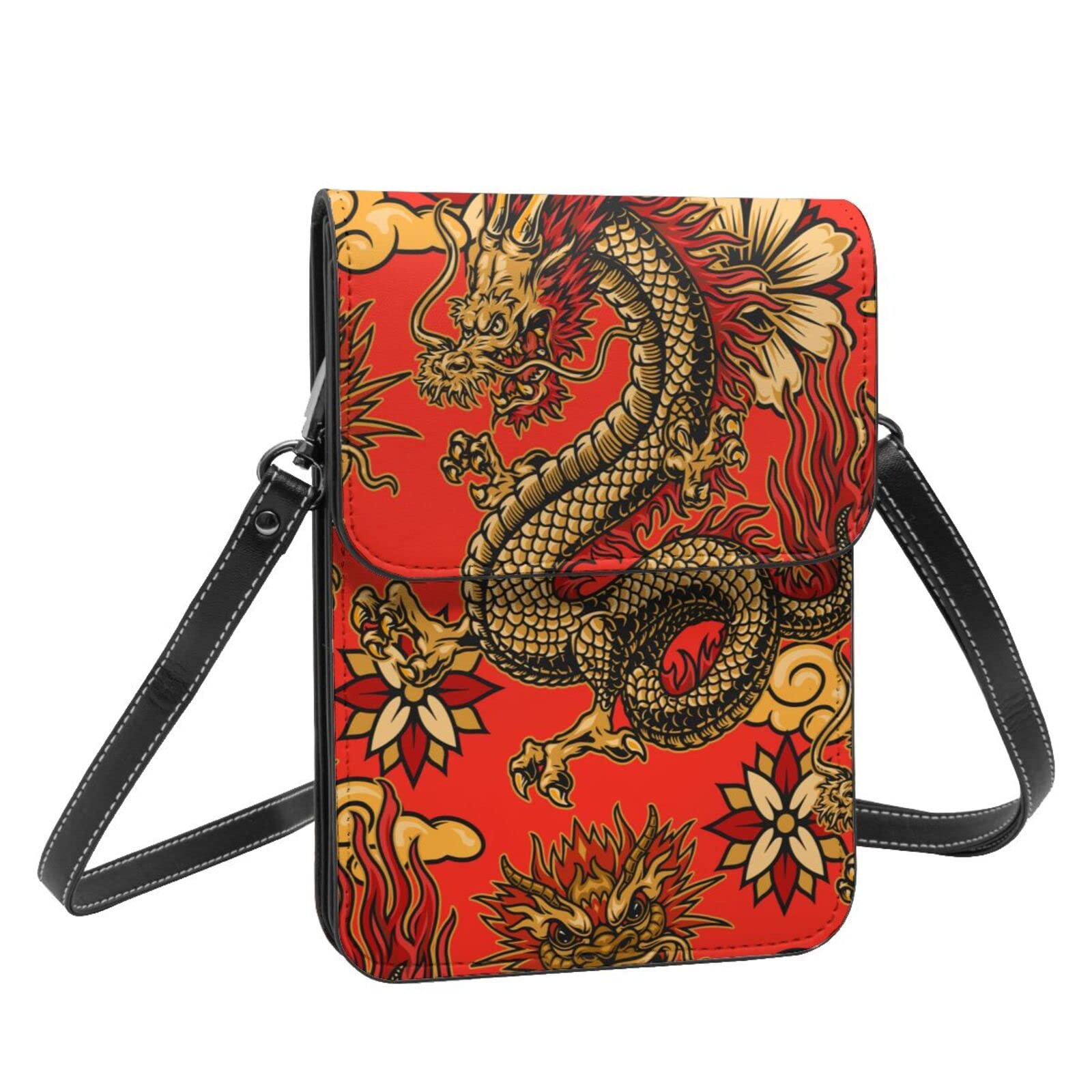 AERMSSEY Chinese Dragon Cloud Lucky Festive red Crossbody Cell Phone Purse for Womens Lightweight Small Soft Leather Fashion Travel Wallet with Adjustable Strap