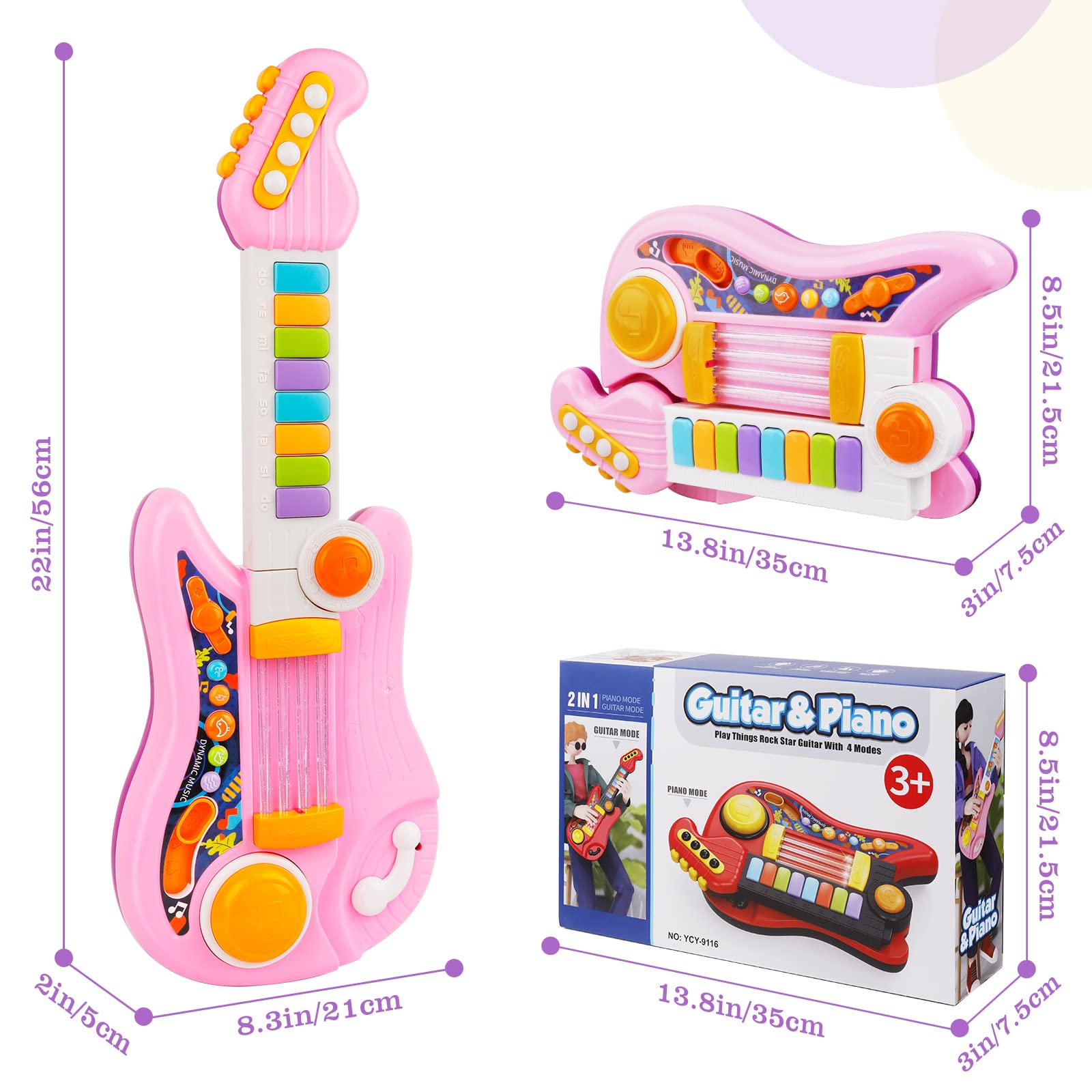 Kids Guitar, Perkidern Kids Electric Guitar Toy Toddler Guitar with Piano Mode Baby Guitar Children Guitar with Strap and Lights Ideal for 3+ Year Old Boys Girls Birthday