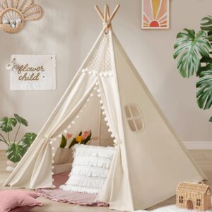 tiny land teepee tent for kids tent indoor, canvas toddler tent - kids teepee tent for girls & boys, washable tipi tent kids boho tent - foldable kids play tent