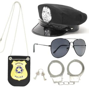 timisea police accessories kit - pretend play detective role costume set with hat, handcuffs, sunglasses, badge for kids