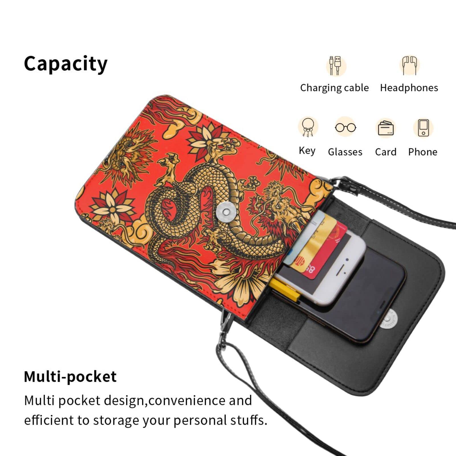 AERMSSEY Chinese Dragon Cloud Lucky Festive red Crossbody Cell Phone Purse for Womens Lightweight Small Soft Leather Fashion Travel Wallet with Adjustable Strap