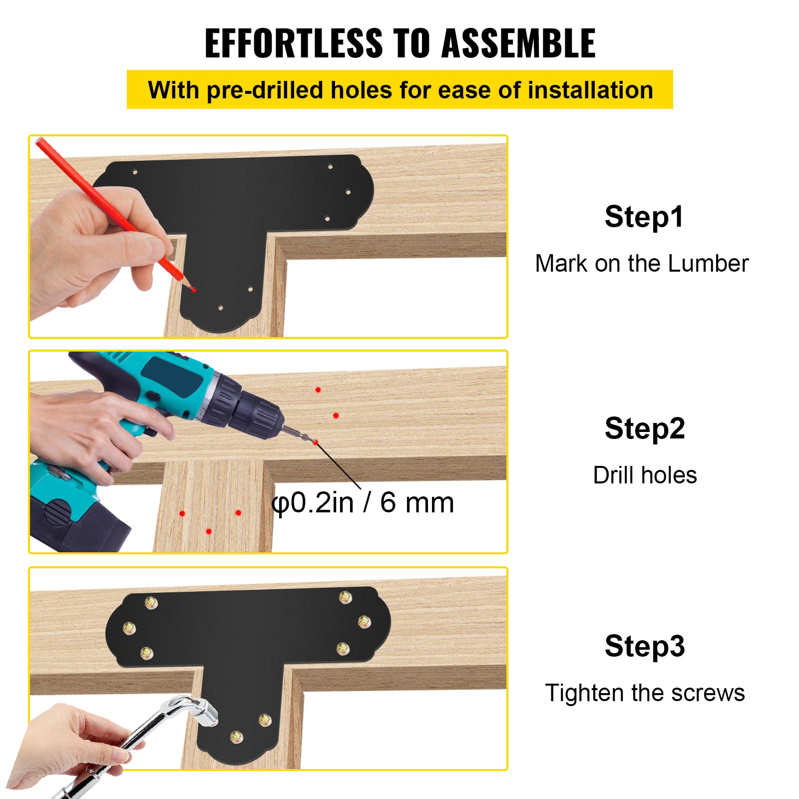 VEVOR Black T Bracket, 6'' x 6'', 8 PCs Black Powder-Coated T Mending Plate, 16 Gauge Steel T-Shaped Tie Flat Connector with Screws Set, Post to Beam Bracket for Repair Wood Furniture