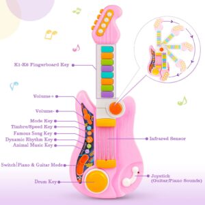 Kids Guitar, Perkidern Kids Electric Guitar Toy Toddler Guitar with Piano Mode Baby Guitar Children Guitar with Strap and Lights Ideal for 3+ Year Old Boys Girls Birthday