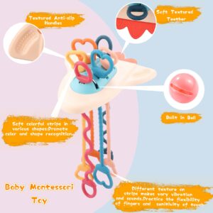 Montessori Toys for Babies 6-12 Months Baby Food Grade Silicone Sensory Travel Pull String Rattle Teething Toys for 3-6 Months 1 Year Old Hang on Stroller Crib Car Seat Fidget Gift for Infant Toddler