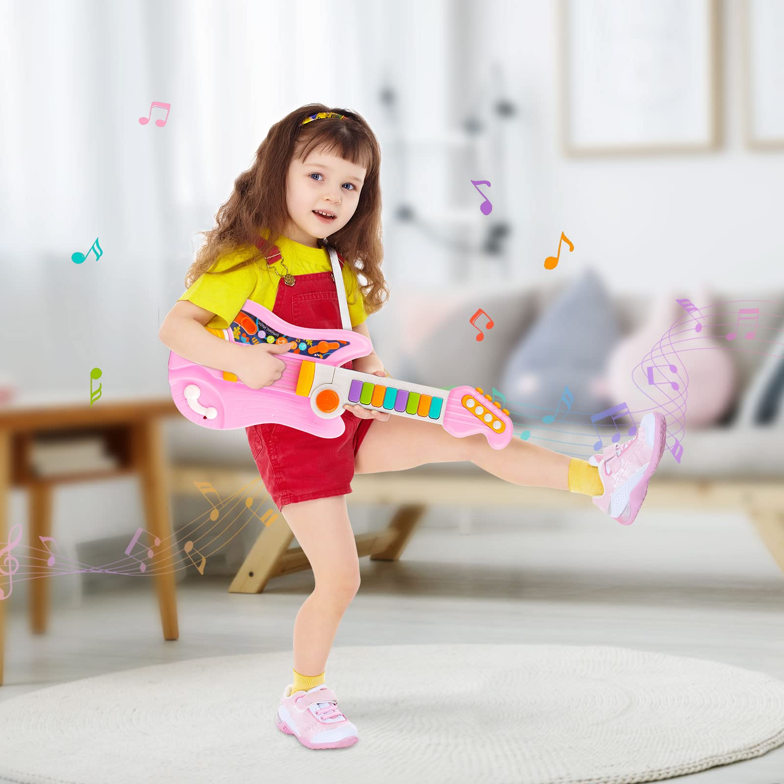 Kids Guitar, Perkidern Kids Electric Guitar Toy Toddler Guitar with Piano Mode Baby Guitar Children Guitar with Strap and Lights Ideal for 3+ Year Old Boys Girls Birthday