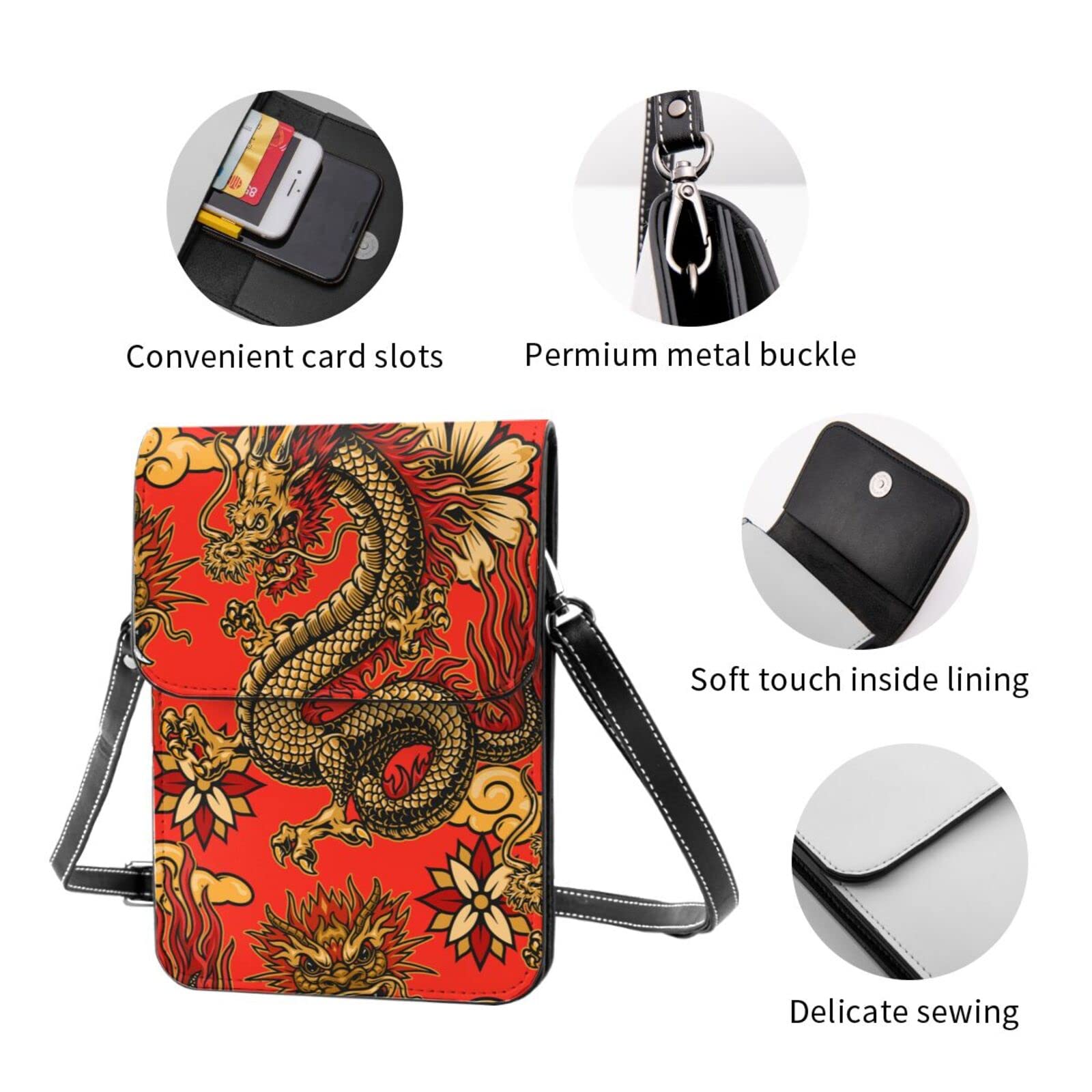 AERMSSEY Chinese Dragon Cloud Lucky Festive red Crossbody Cell Phone Purse for Womens Lightweight Small Soft Leather Fashion Travel Wallet with Adjustable Strap