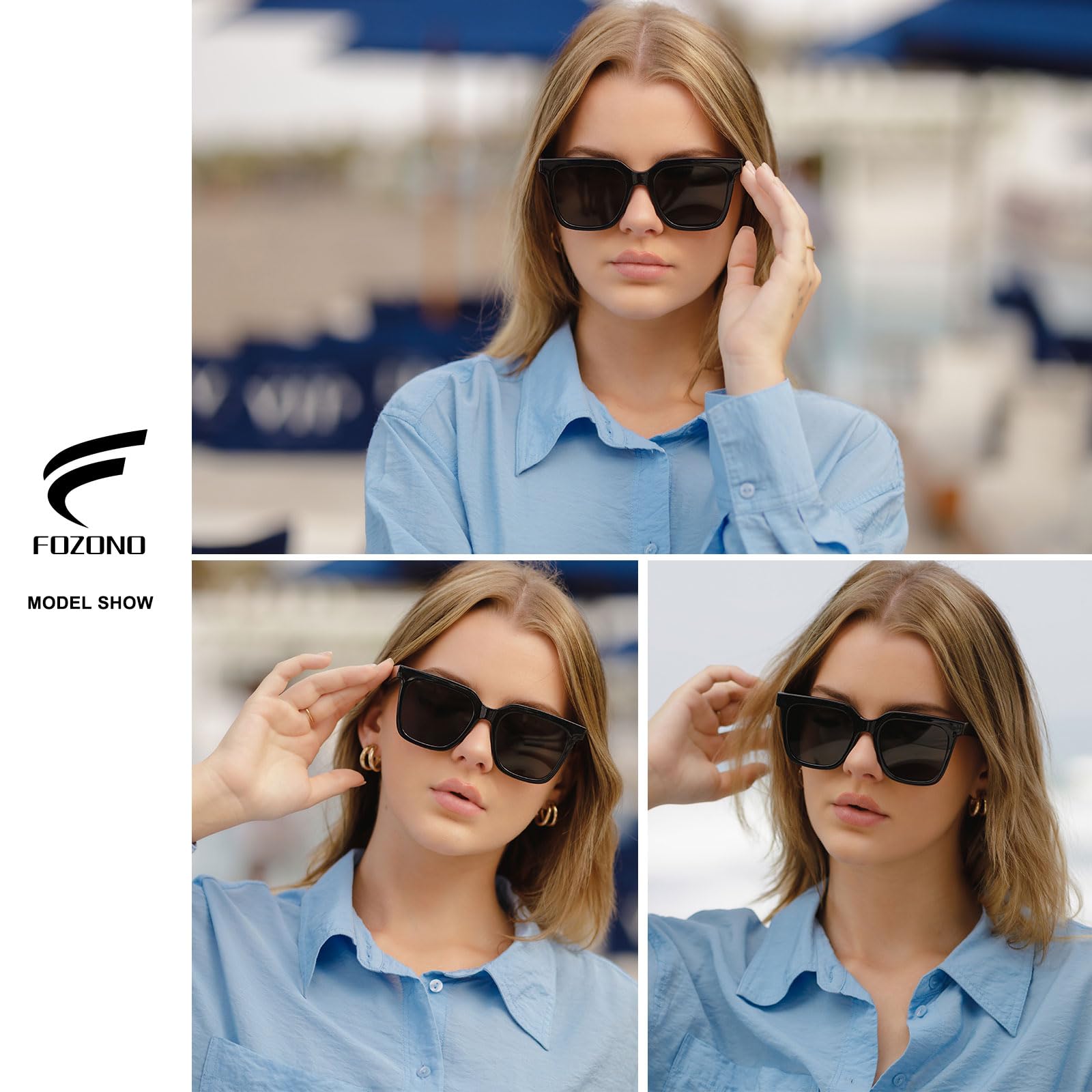 Fozono Large Square Sunglasses Trendy Polarized Sunglasses for Women Men Classic Retro Style UV400 Protection Black