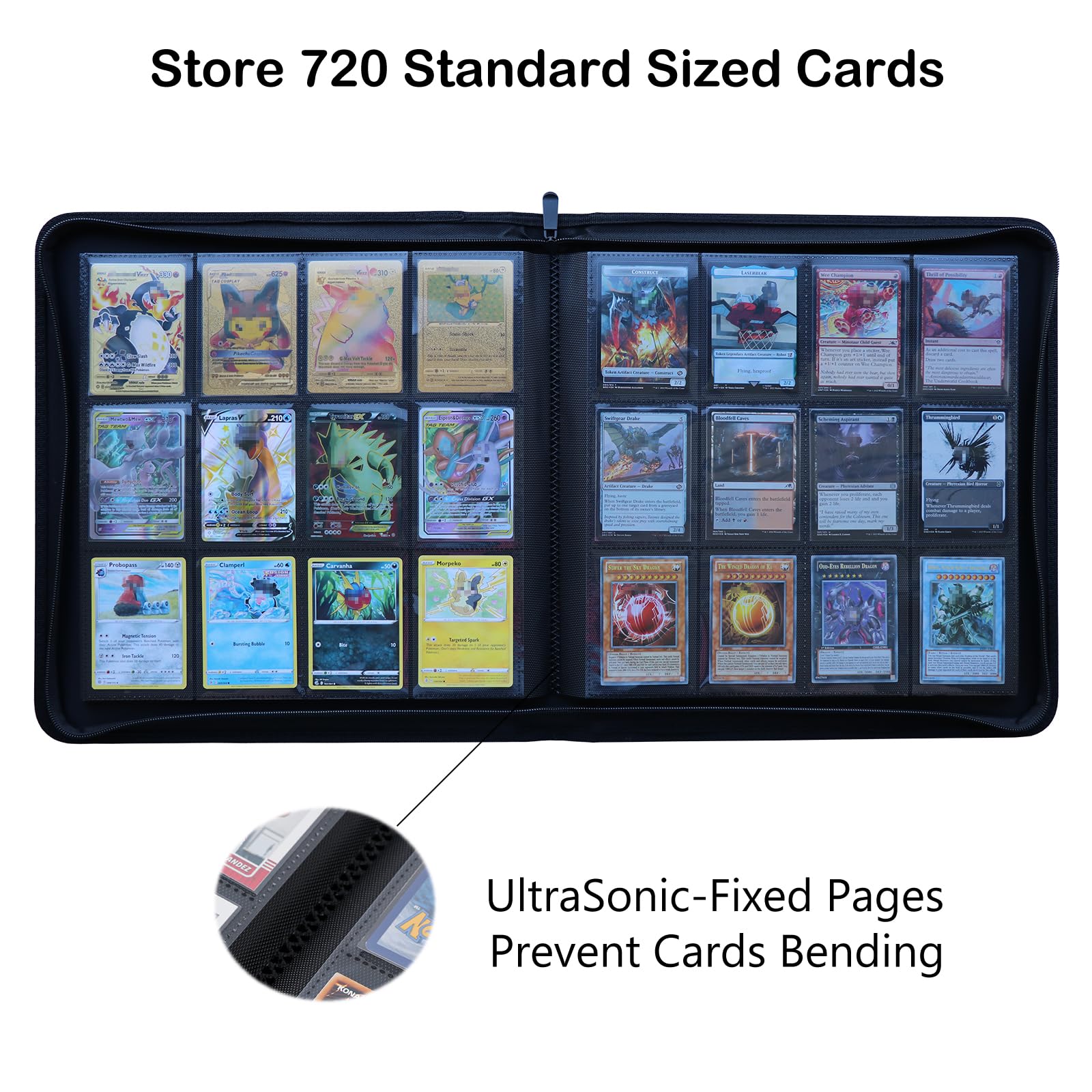 Rayvol Premium 12-Pocket 720 Card Binder, Ringless Trading Card Album Folder - Side Loading UltraSonic-12720 Tech Zip Binder for TCG -Black