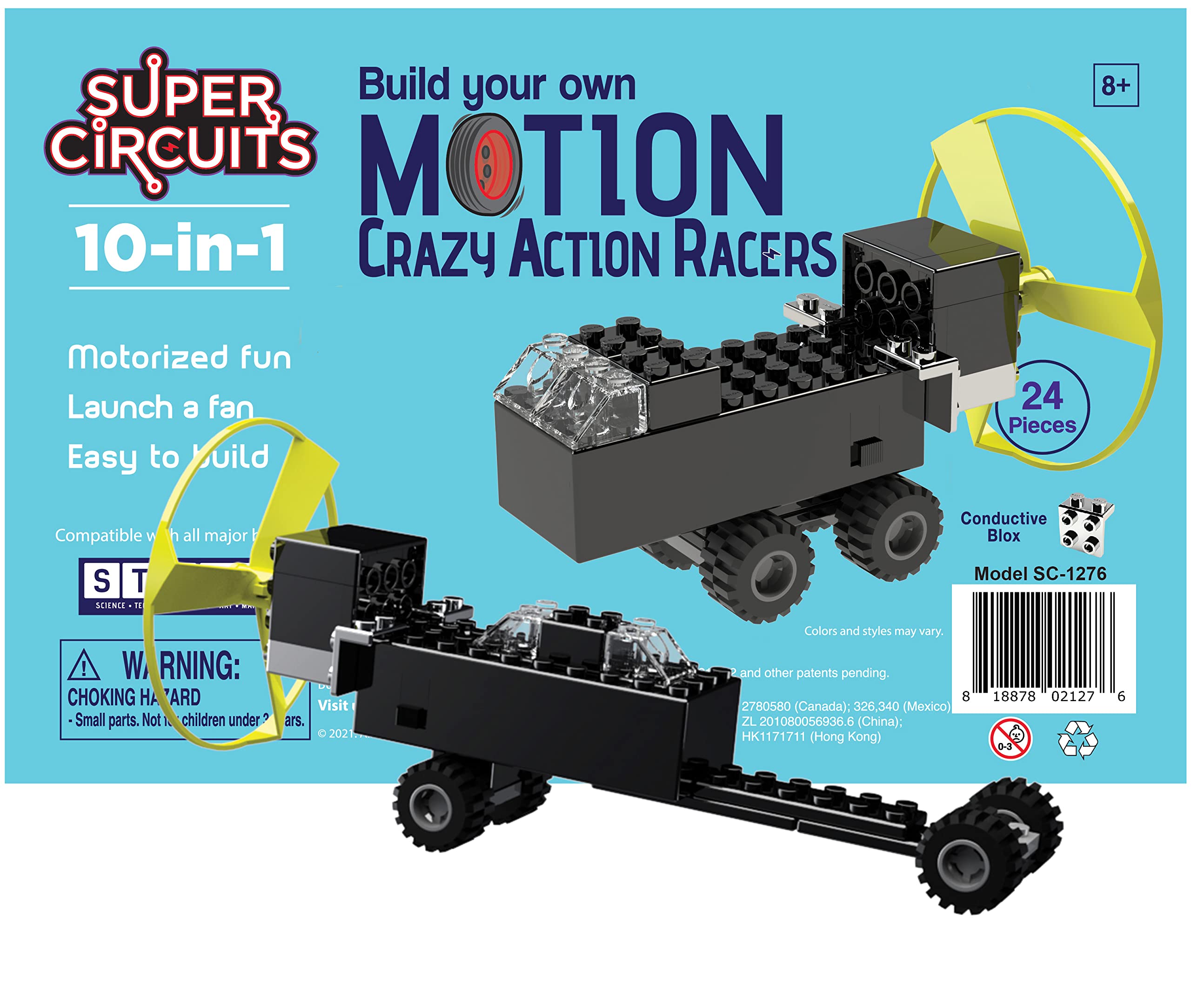 Super Circuits BYO Crazy Electric Racers 10-in-1 STEM Kit, Fan Launch Toy Building Block Set, 10 Different Action Racers, Motorized Fun, Great Science Project for Kids, Birthday Gift, Boys, Girls, 8+