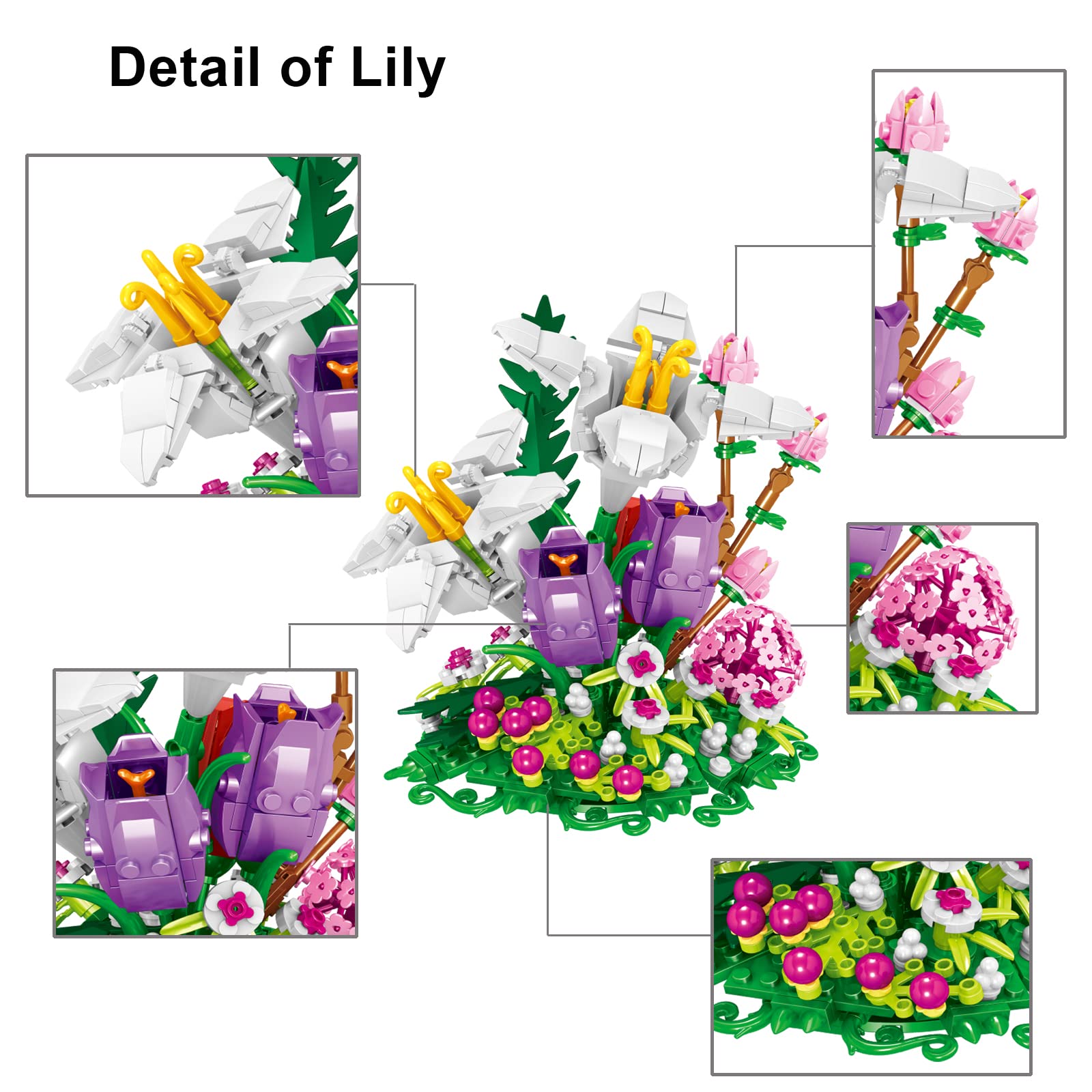 QARULUS Flower Bouquet Building Set Friends Sets Adults DIY Plants Bonsai Tree Decor Flowers Building Blocks Set Botanical Collection Valentine's Birthday Gift for Girls Mom Women Girlfriend(Lily)