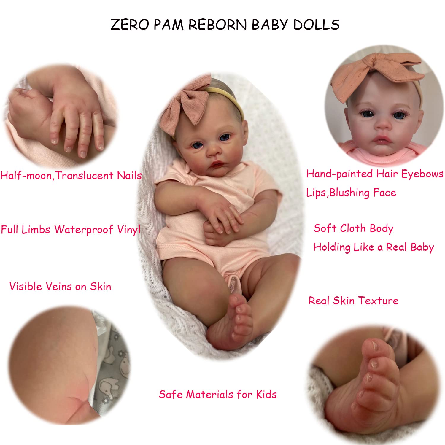 Zero Pam 19" Realistic Reborn Baby Doll Girl, Lifelike Soft Silicone Vinyl, Handmade Weighted Toddler Toy with Real Skin Tone