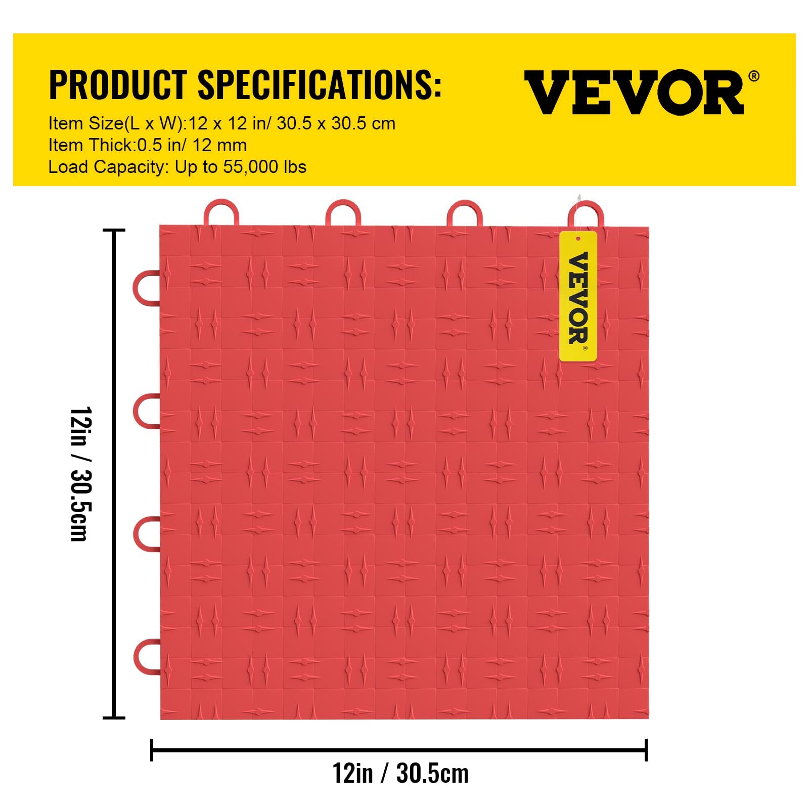 VEVOR Garage Tiles Interlocking, 25 pcs Red 12" x 12" Garage Floor Covering Tiles, Non-Slide Diamond Plate Garage Flooring Tiles Support 55000 lbs for Basement, Gym