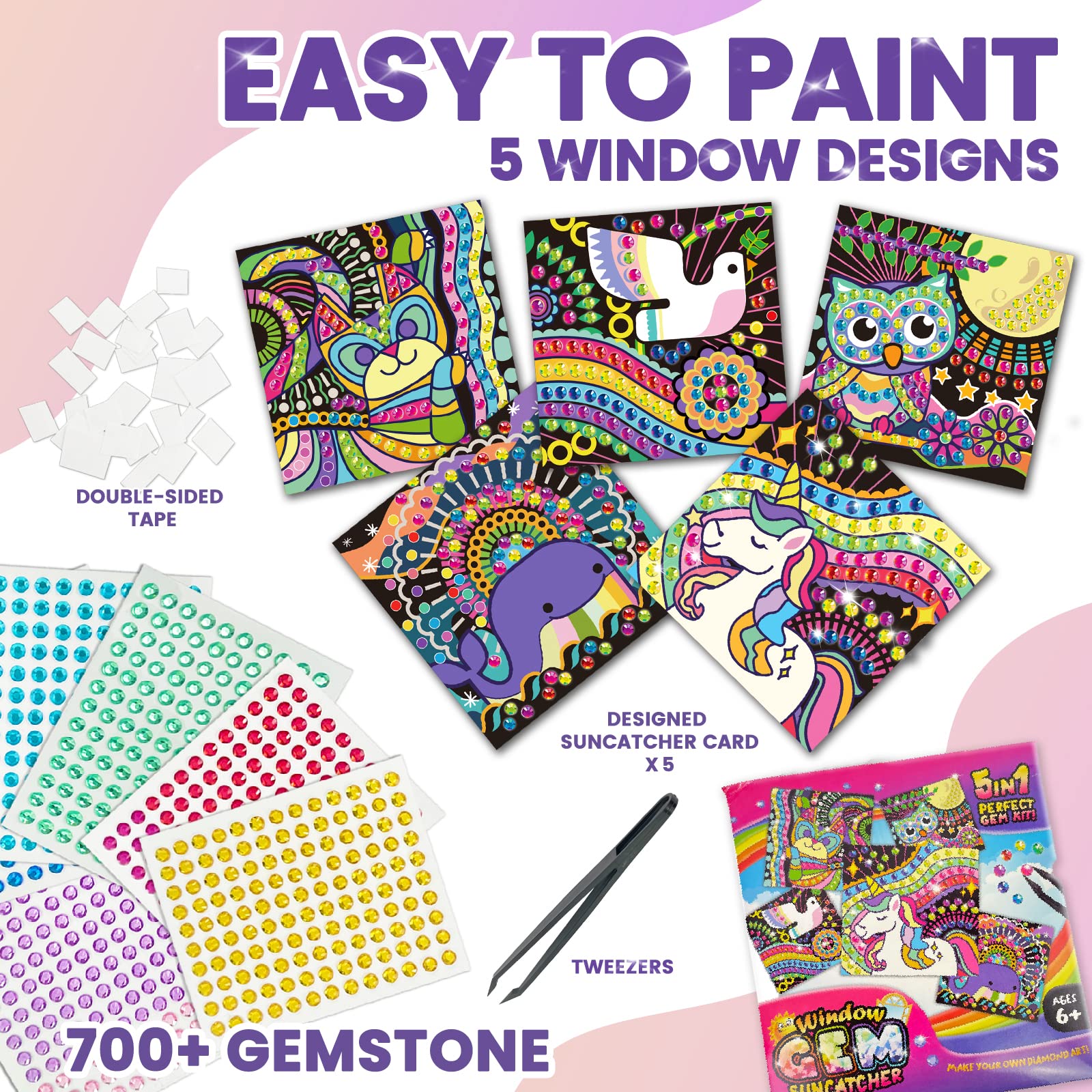 Innofans Suncatcher Gem Art Kits For Kids - Diamond Painting Kits Window Art With 5pcs Designs, Diamond Painting Window Art, Arts & Crafts, 7 Year Old Girl Gifts, Crafts For Girls Ages 8-12, 6-9, 9-12