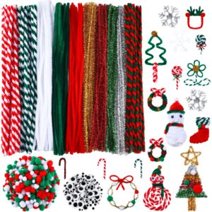 800 pcs christmas pipe cleaners sets include 200 pcs 10 colors chenille stems 200 pcs 5 sizes self adhesive wiggle googly eyes 400 pcs 4 sizes art and crafts pompoms for diy making (fresh color)