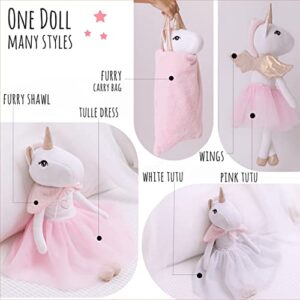 Perfectto Design Ballerina Unicorn Doll Stuffed Animal for Girls - Plush Toy Doll Set, Bag, Tutu Cloths, Wings - Play Set for 3 4 5 Year Old Girl Gift for Little Girl, Birthday, Christmas Age 3-9