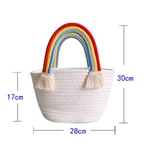 LOHGOU Women Girls Handwoven Cotton Handbag Rainbow Tassel Tote Bag Summer Beach Purse (Blue)