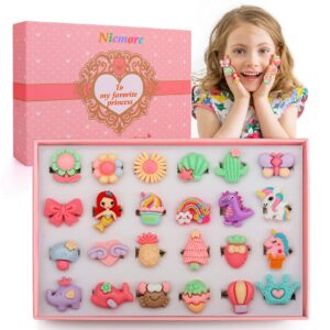 nicmore adjustable rings gift for girl: jewelry rings for 3 4 5 6 7 8 9 10 11 12 years old girl gifts | 24pcs in box cute ring toys for toddlers pretend play and dress up no duplication