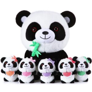 hydren 6 pcs panda stuffed animals cute bamboo panda plush set 12 inch soft stuffed panda mama with 5 lovely babies plushies for boys girls birthday gift party decorations