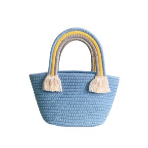 lohgou women girls handwoven cotton handbag rainbow tassel tote bag summer beach purse (blue)