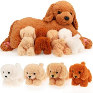 hydren nurturing dog stuffed animal sets soft cuddly golden retriever plush toys nursing mommy dog with 4 stuffed baby puppies for kids birthday graduation party favor gifts (golden retriever)