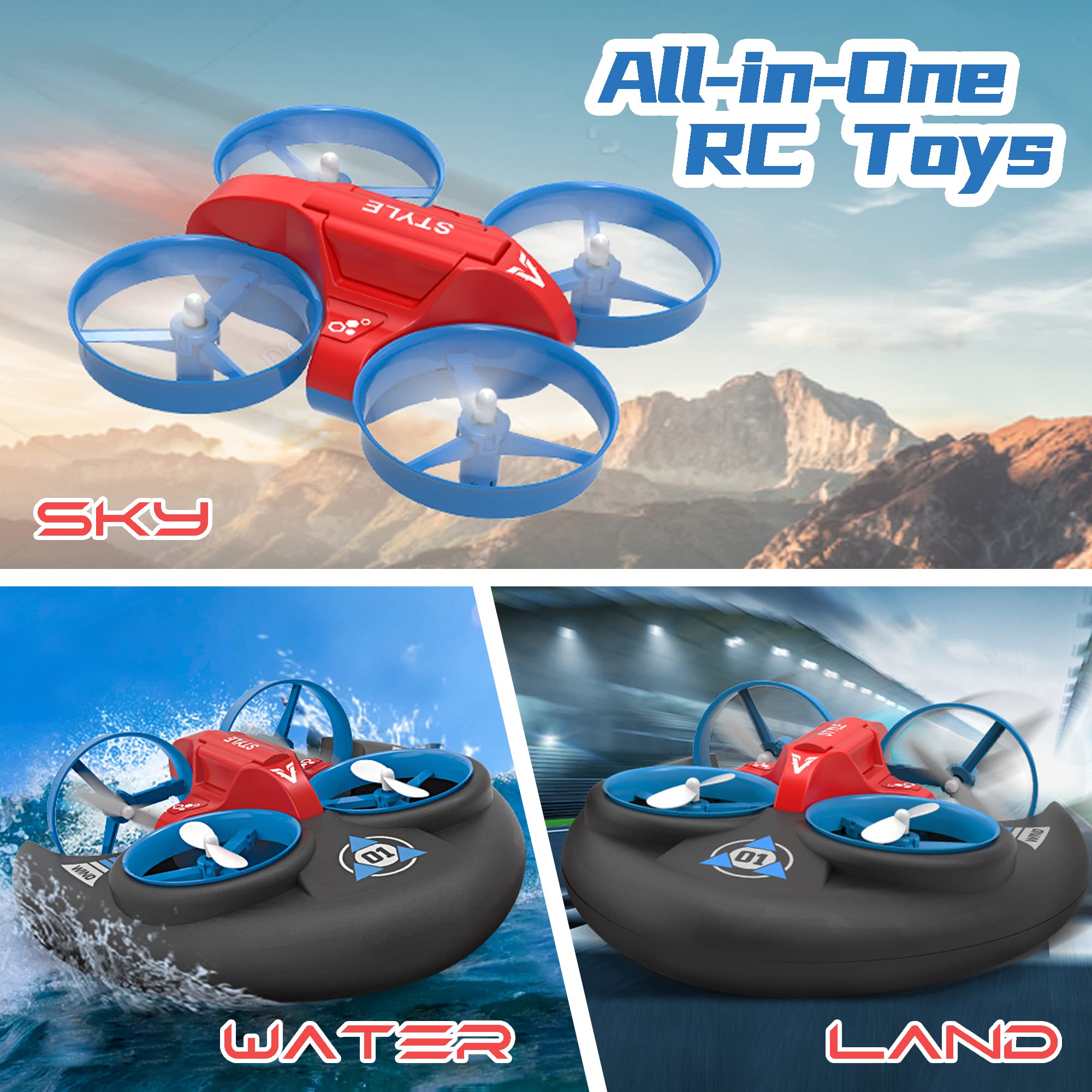 Toys for Boys Age 8-12-13, 3 in 1 Water Land and Air RC Boat RC Car, 2.4 GHz High Speed Remote Control Boat Car, Kids Drone 360° Spin and Flip, RC-Hovercrafts Pool Toys Outdoor Toys Boy Gift Ideas