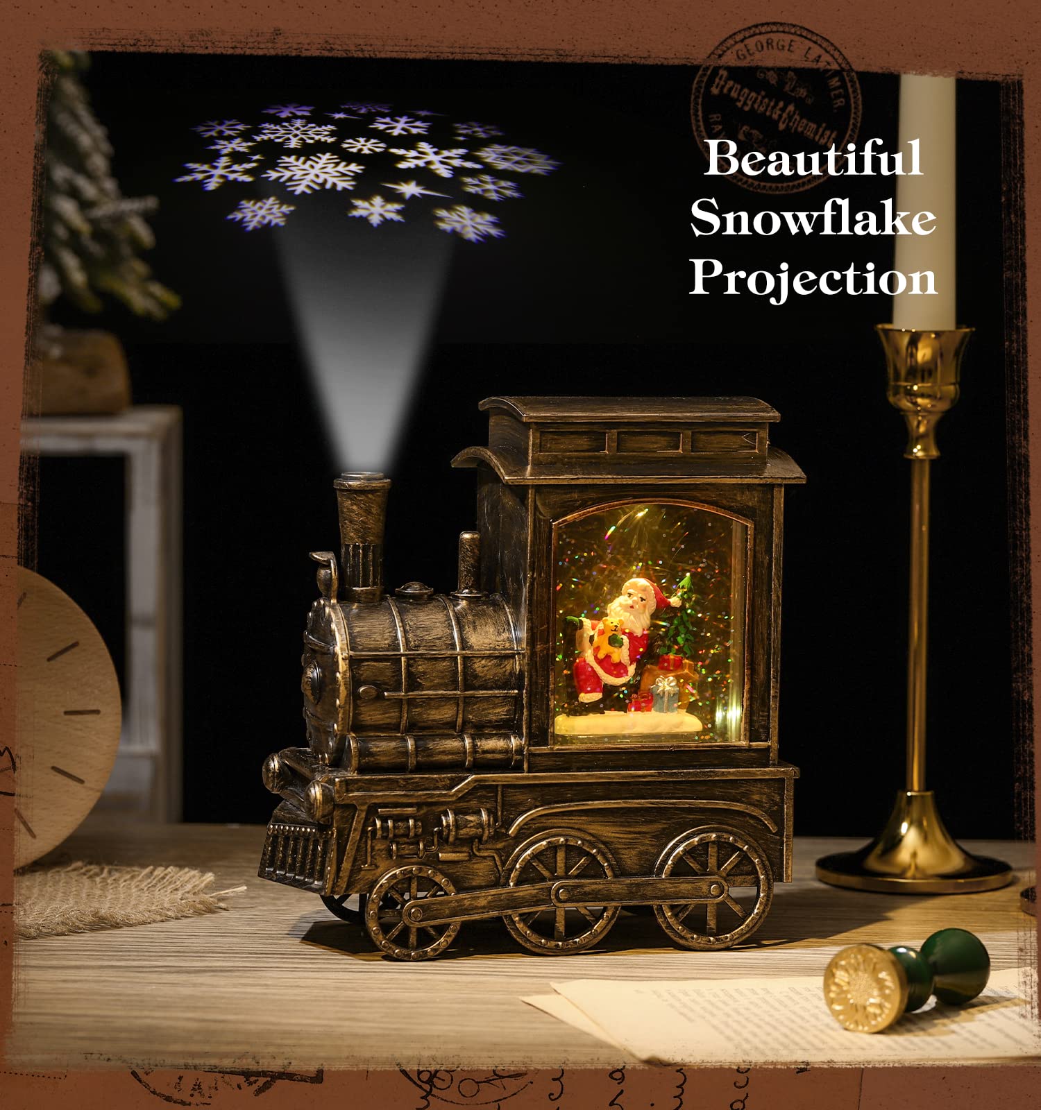 Lewondr Train Snow Globe, USB/Battery Operated Snow Globe with Snowflake Projector Water Swirling Glitter, Christmas Village Snow Globe with 6 Hour Timer, Gift for Girls Girlfriend Women, Bronze Gold