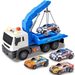 i diy tow truck toy with hook and 3pcs pull-back race car，friction powered toy tow truck,tow truck with light&sounds, toy trucks for boys age 4-7,construction toy truck