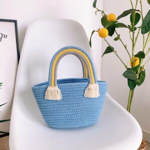 LOHGOU Women Girls Handwoven Cotton Handbag Rainbow Tassel Tote Bag Summer Beach Purse (Blue)