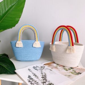 LOHGOU Women Girls Handwoven Cotton Handbag Rainbow Tassel Tote Bag Summer Beach Purse (Blue)