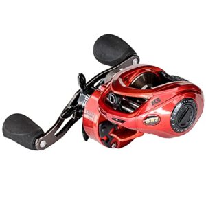 lew's hyperspeed series casting reel, 9+1 stainless steel ball bearings, 9.5:1 gear ratio, right-hand retrieve, red