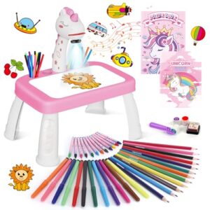 hoarosall drawing projector for kids, drawing board with music, color pens, pencils, crayons, scrapbook, sticker book, unicorn stickers, stamps, ideal toy for 3+ year old girls & boys (unicorn kit)