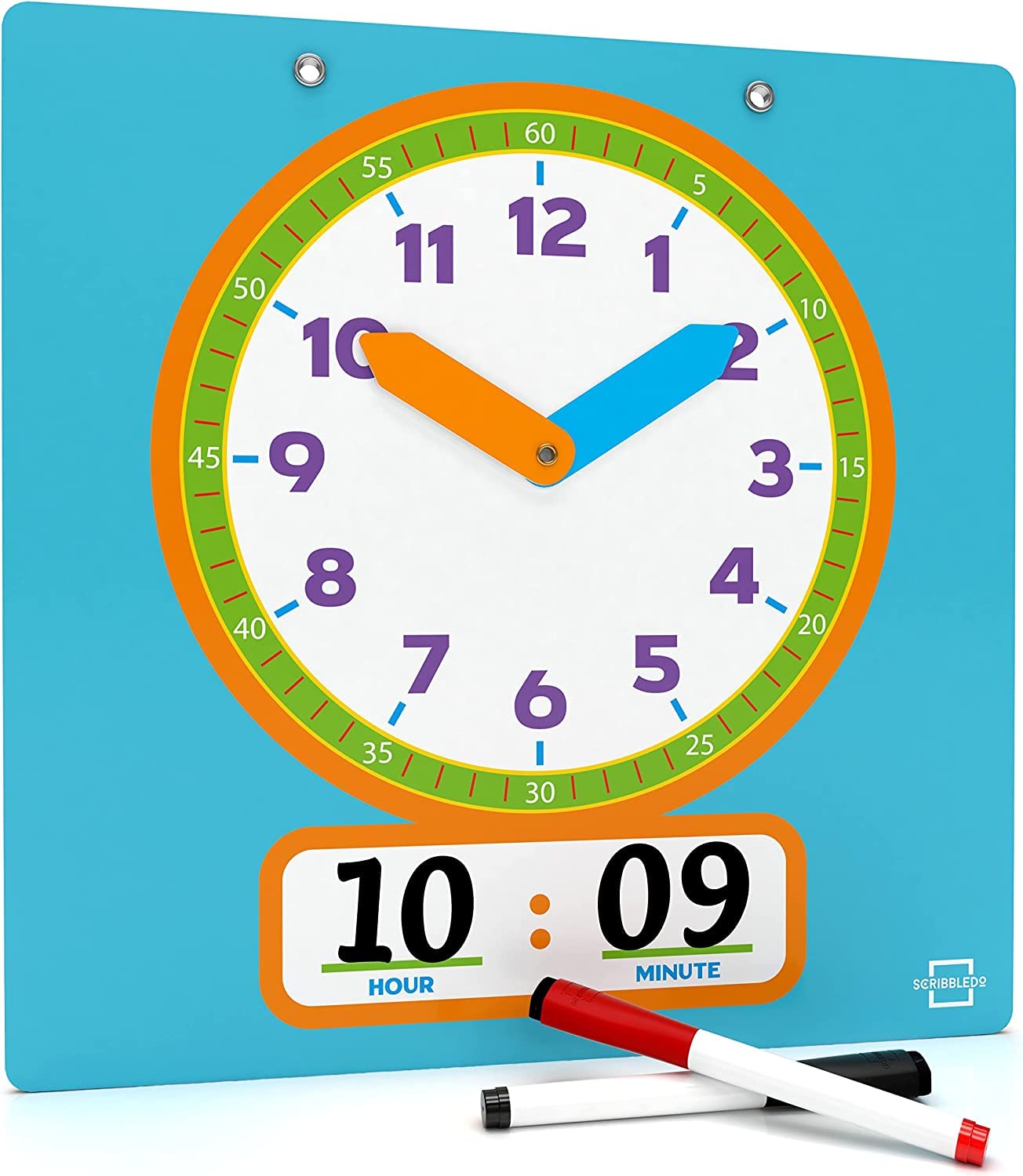 Scribbledo Writable Dry Erase Learning Clock for Kids Write & Wipe Demonstration Clock for Kids Learning to Tell Time Classrooms and Homeschool Supplies