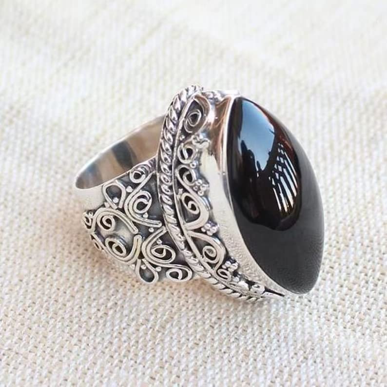 Black Onyx Ring, 925 Sterling Silver, Artisan Designer Ring, Marquise Gemstone Ring, Handmade Statement Ring, Boho Style, Wedding Promise Ring, Attractive Ring, Vintage Ring