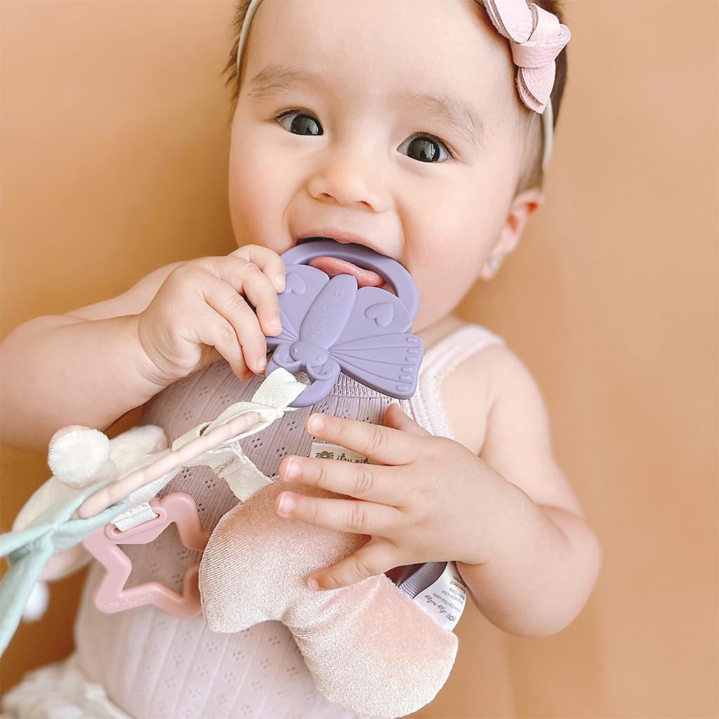 Itzy Ritzy Teething Activity Toy - Bitzy Busy Ring Infant Teething Toy Features Braided Ring & Dangling Toys, Includes Teether, Textured Ribbons, Crinkle Sound & Jingle Bell - 0 Months & Up (Bunny)