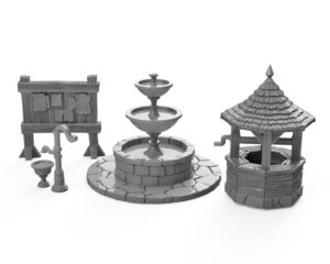 3degos town square city furniture dnd terrain 28mm for dungeons and dragons, d&d, pathfinder, warhammer 40k, rpg, miniatures, age of sigmar, tabletop, d and d, dungeons and dragons gifts