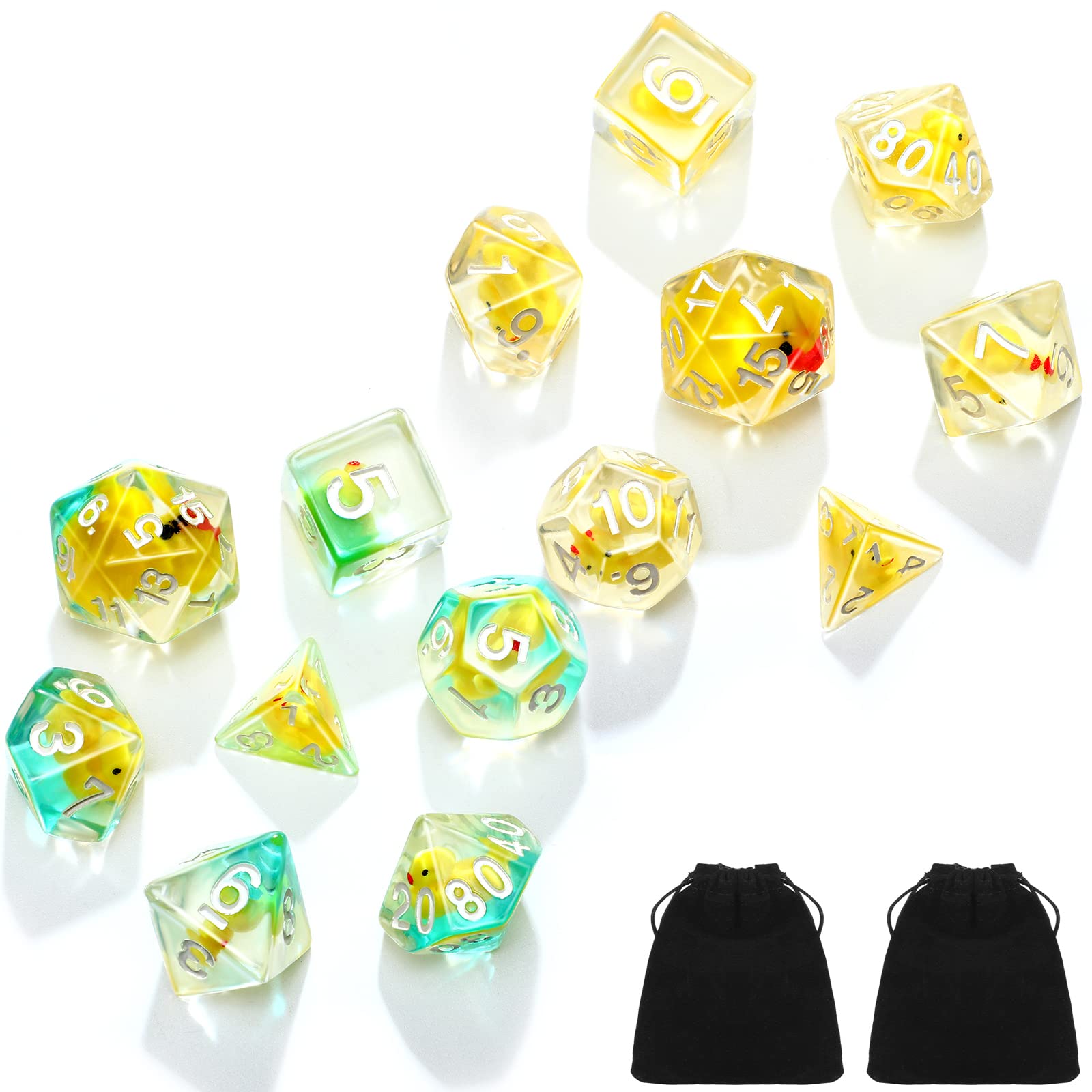 Kathfly 14 Die Rubber Ducks Dice, Resin Polyhedral Dice Set Filled with Animal, Ice Duck Dice Cool Rubber Ducks Dice Translucent Cute Playing Dice with 2 Black Pouches for Board Game, Green, Yellow