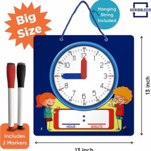 Scribbledo Writable Dry Erase Learning Clock for Kids Write & Wipe Demonstration Clock for Kids Learning to Tell Time Classrooms and Homeschool Supplies