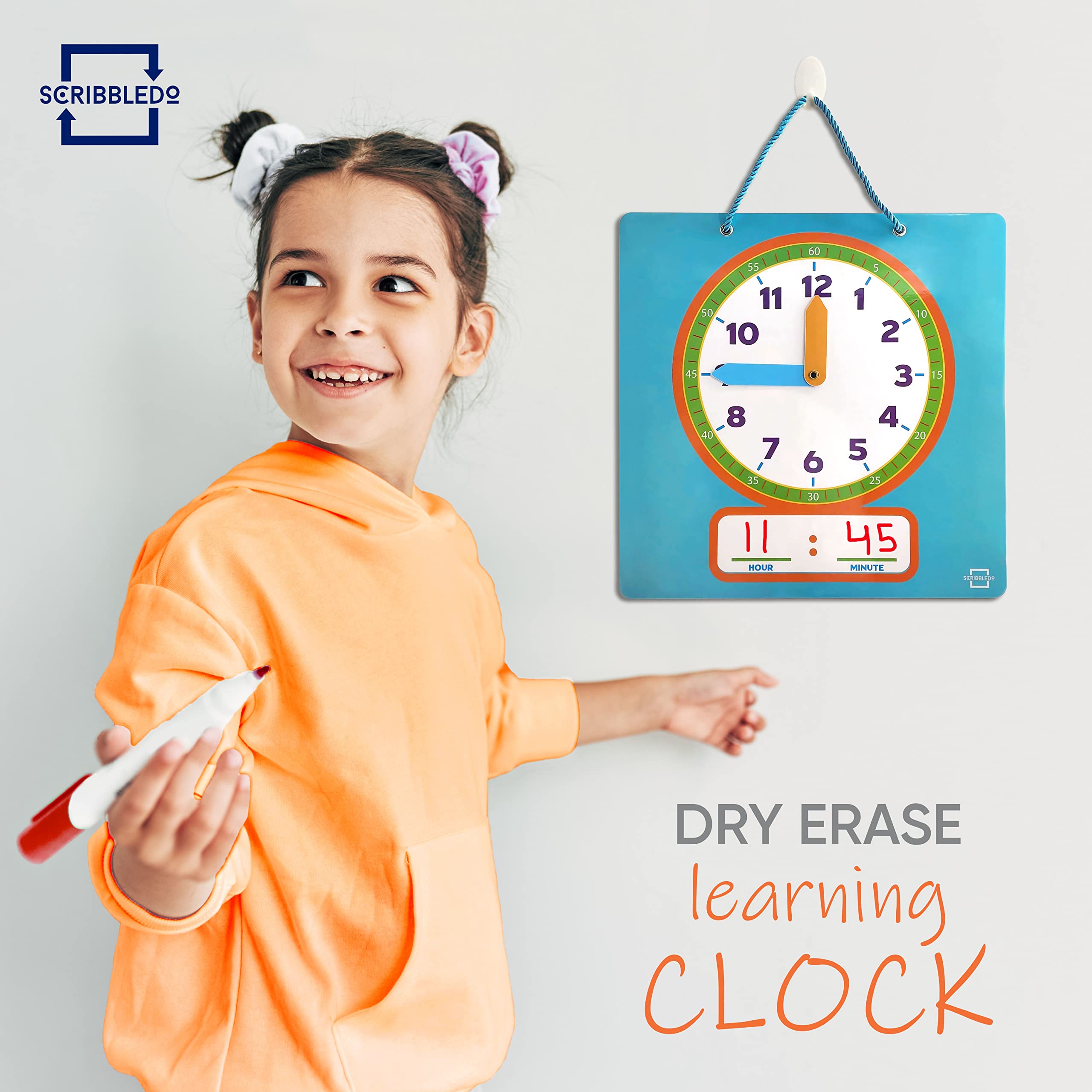 Scribbledo Writable Dry Erase Learning Clock for Kids Write & Wipe Demonstration Clock for Kids Learning to Tell Time Classrooms and Homeschool Supplies