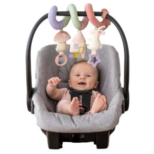 itzy ritzy spiral car seat & stroller activity toy - stroller & car seat toys for ages 0 months and up - hanging toys include dangling ring, mirror and textured ribbons (pastel rainbow)