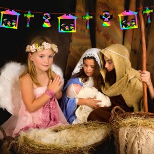 WATINC 80pcs Nativity Jesus Birth Scratch Paper Art Ornaments for Kids School Christmas DIY Religious Themed Party Magic Color Scratch Off Card Hanging Craft Jesus is The Reason for The Season