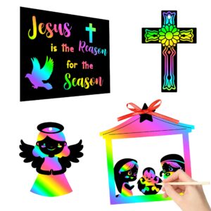 watinc 80pcs nativity jesus birth scratch paper art ornaments for kids school christmas diy religious themed party magic color scratch off card hanging craft jesus is the reason for the season