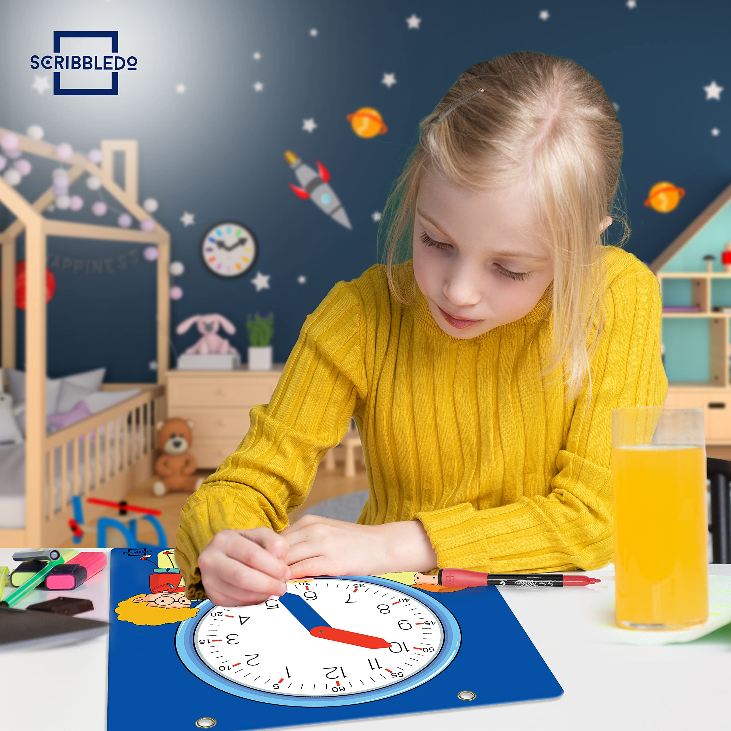 Scribbledo Writable Dry Erase Learning Clock for Kids Write & Wipe Demonstration Clock for Kids Learning to Tell Time Classrooms and Homeschool Supplies