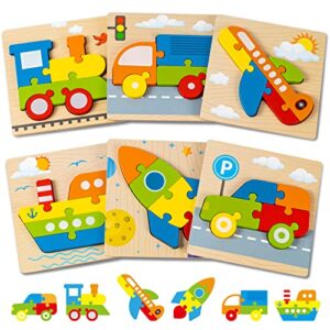 wooden vehicle puzzles toy gift for 1, 2, 3 years old boys girls, toddler best birthday gift with 6 vehicle baby montessori color shapes learning puzzles - kids educational developmental toys