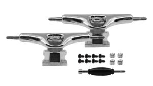 teak tuning prodigy swerve fingerboard trucks, silver chrome colorway - 32mm wide - inverted kingpin - professional shape, appearance & components