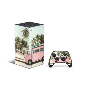 zoomhitskins compatible for xbox series x skin, series x skin cover, california dream pink bus palm tree beach summer, durable & fit, 3m vinyl, easy to install, made in the usa