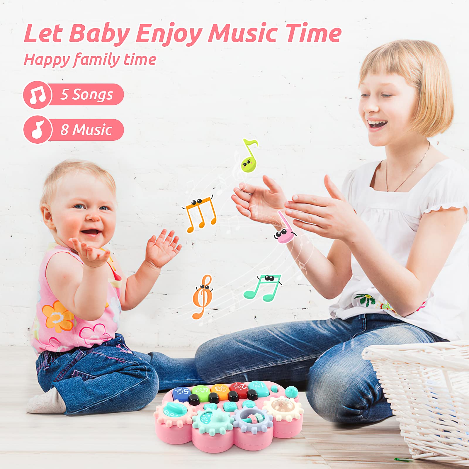 BAOLI Baby Piano Toys 18 Months, Kids Piano Keyboard with Gears Game, Light Up Musical Toys for Toddlers Boys Girls, Early Educational Music Toy, Kids Birthday Gift Pink