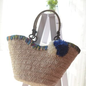 Natural Woven Straw Tote Handbag with Tassels and Pom Pom