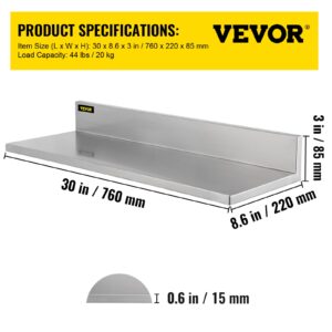 VEVOR Stainless Steel Shelf 8.6" x 30", 2PCS Wall Mounted Floating Shelving with Backsplash, 44 lbs Load Capacity Commercial Shelves, Heavy Duty Storage Rack, Restaurant Kitchen Bar Home Hotel